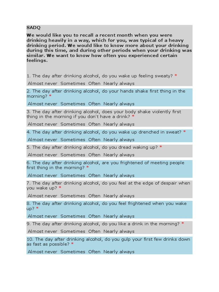 SADQ Alcohol Consumption Questionnaire | PDF | Pint | Beer