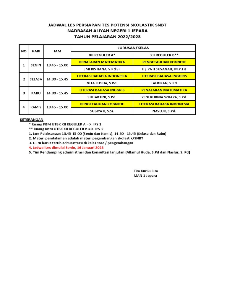 Jadwal Les UTBK SNBT UNGGULAN DAN REGULER XII 2023 Semester Genap | PDF