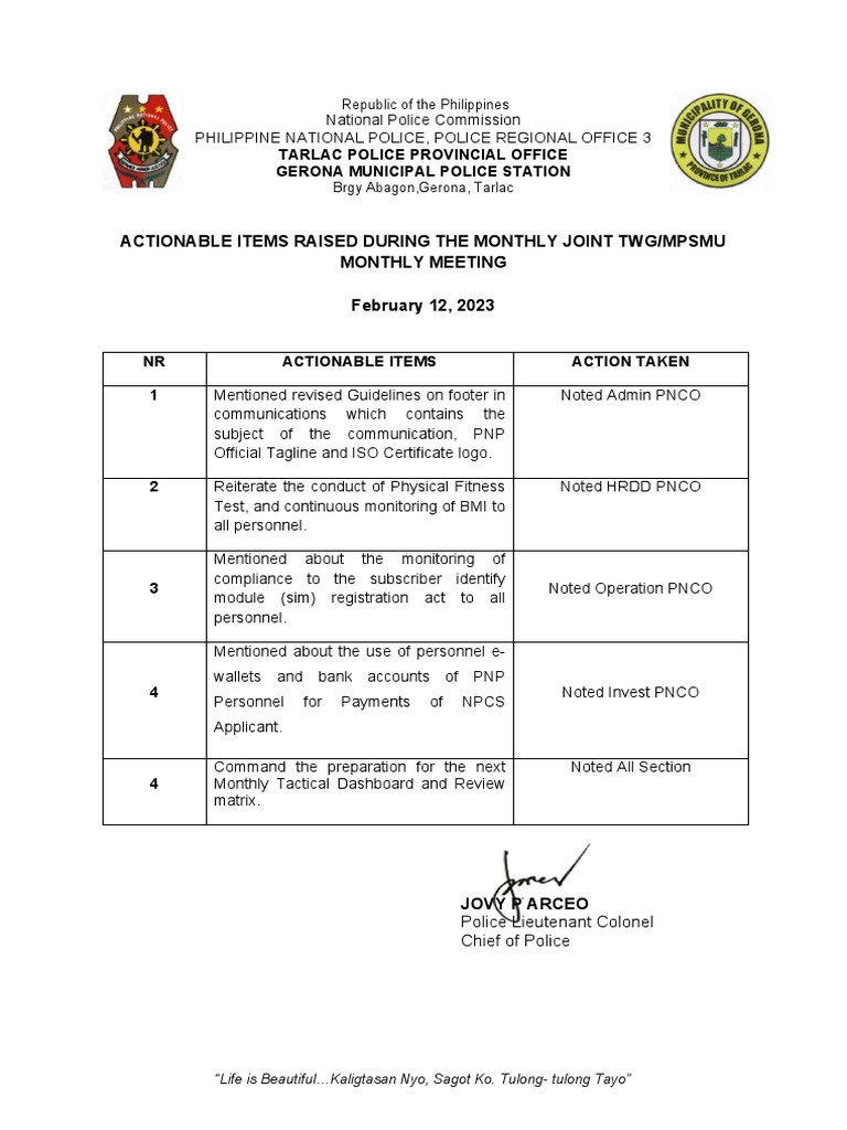 Actionable Items Joint TWG Mpsmu | PDF