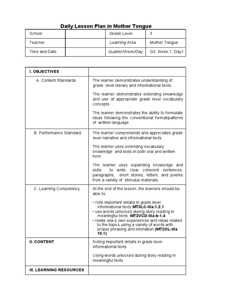 Mother Tongue Grade 3 Q3 | PDF | Learning | Reading Comprehension Mother Tongue Grade 3 Q3 | PDF | Learning | Reading Comprehension