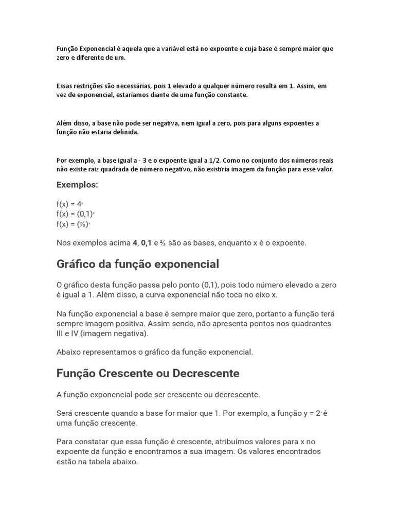Funções Exponenciais: Propriedades, Exemplos e Gráfico | PDF