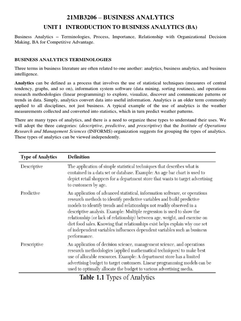 Unit 1 - Ba | PDF | Analytics | Forecasting