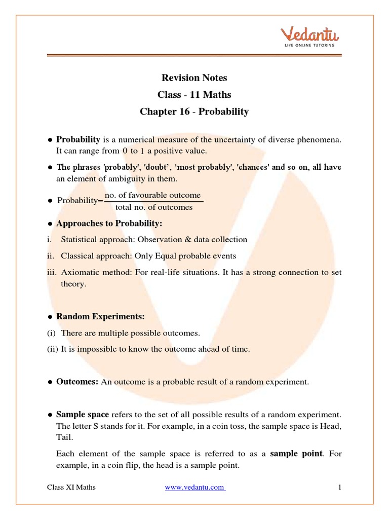 Class 11 Revision Notes Probability | PDF | Probability | Sampling ...