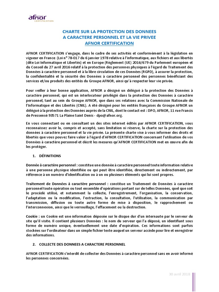 Charte-RGPD - AFNOR | PDF | Cookie (informatique) | Internet