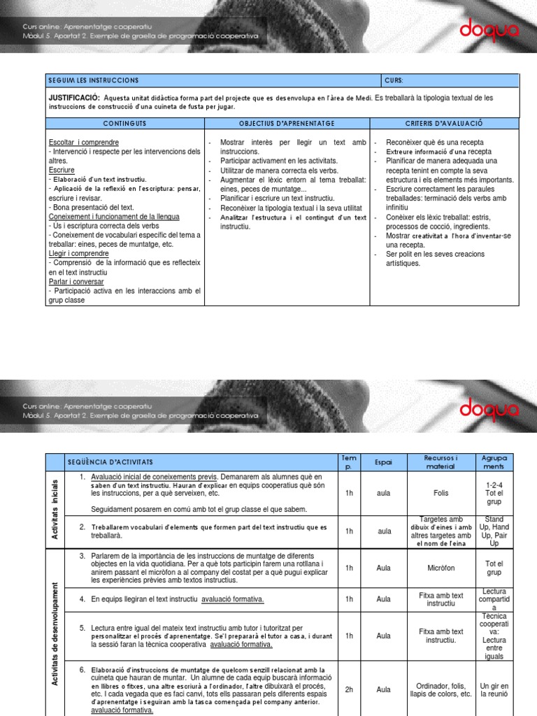 M5 - E2 - Exemple Graella Programació Cooperativa | PDF