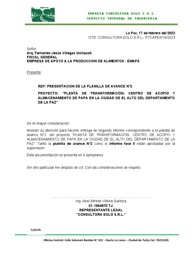 Carta Entrega de Informe 2 | PDF