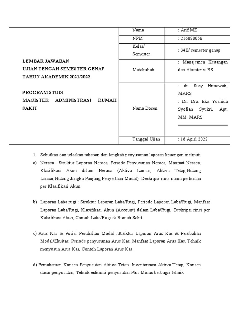 Uts - Management Keuangan Dan Akutansi RS - 34e - Arif MZ - 216080056 ...