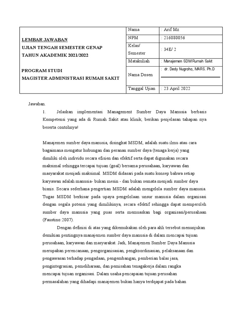 UTS - Management SDM RS - 34 E - 216080056 - Arif MZ | PDF