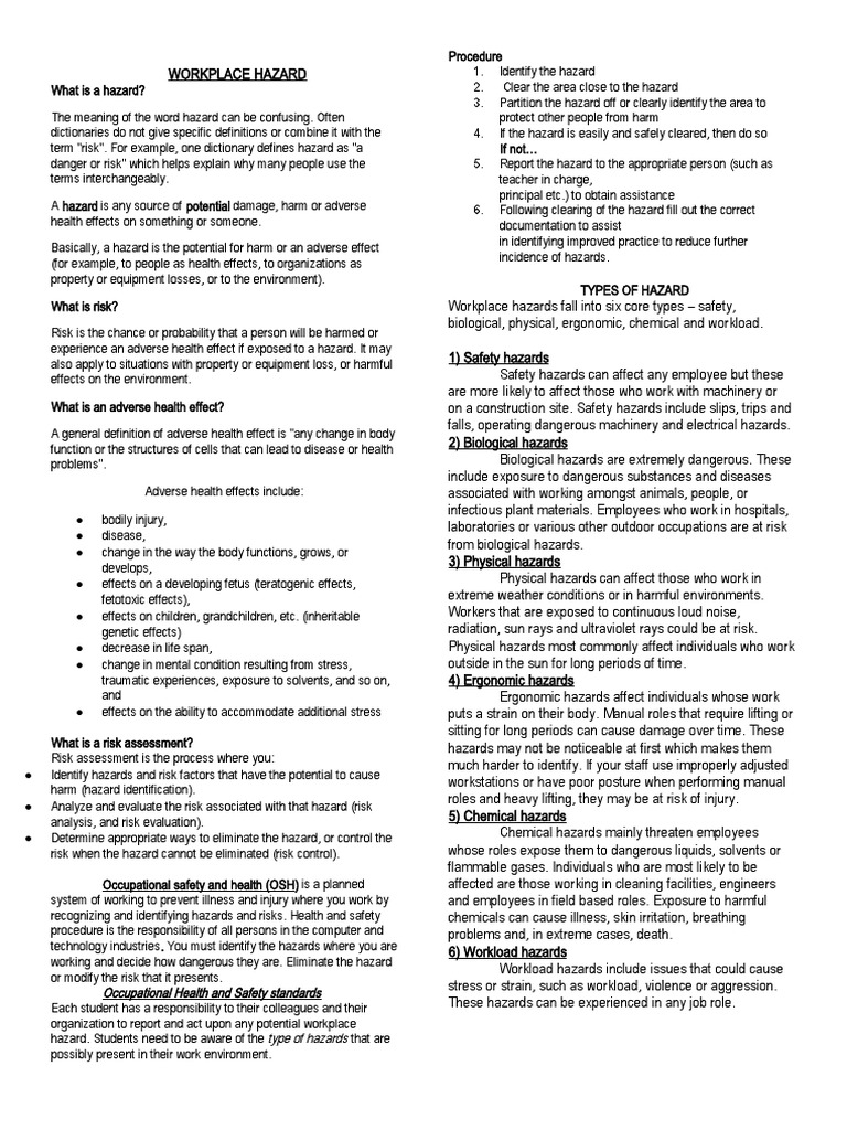 WORKPLACE HAZARD Handouts | PDF | Hazards | Risk