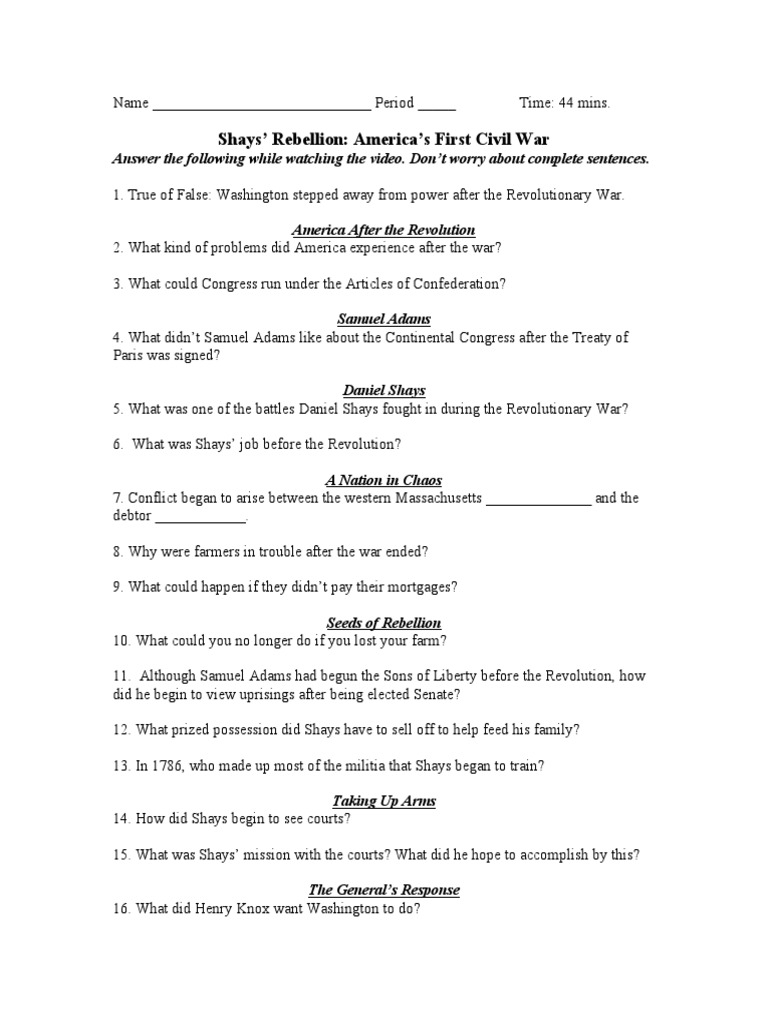 Shays Rebellion Video Sheet 2015 | PDF | George Washington | American ...