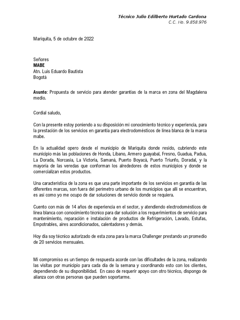 Propuesta de Servicio Ténico Edilberto Hurtado Cardona | PDF