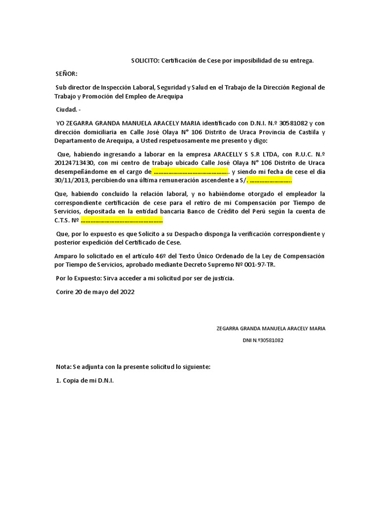 Solicitud de Carta CTS | PDF