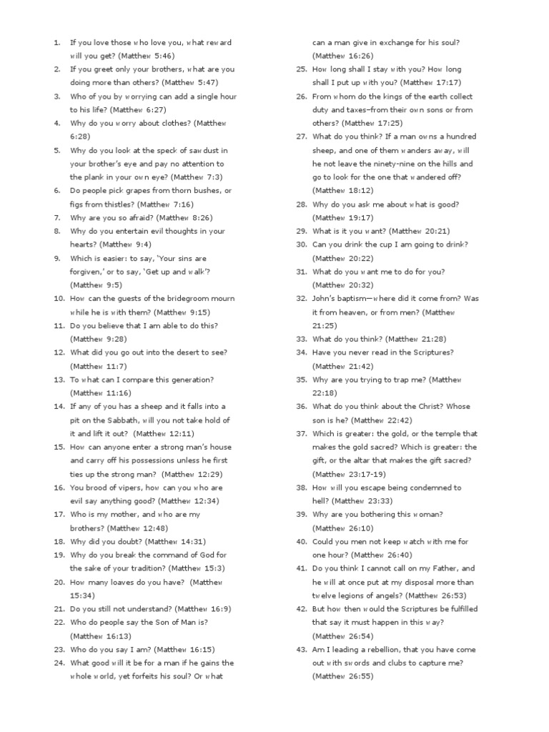 135 Questions Jesus Asks | PDF | Gospel Of Matthew | Gospel Of Mark