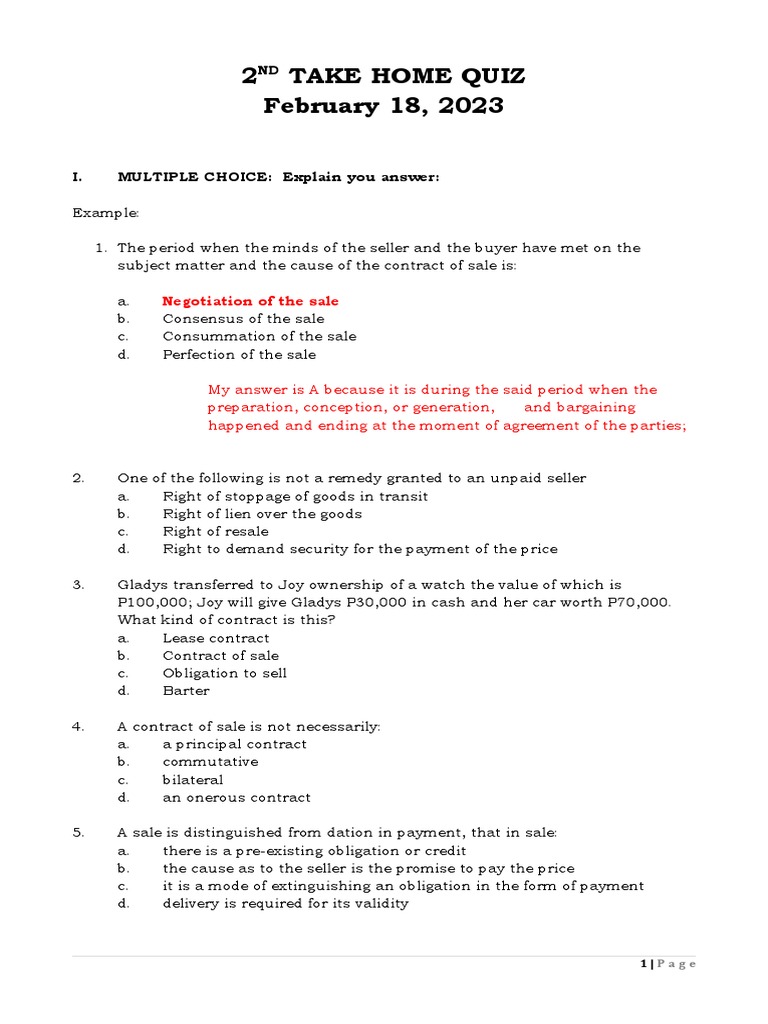 2nd Take Home Quiz on Sales Contracts | PDF
