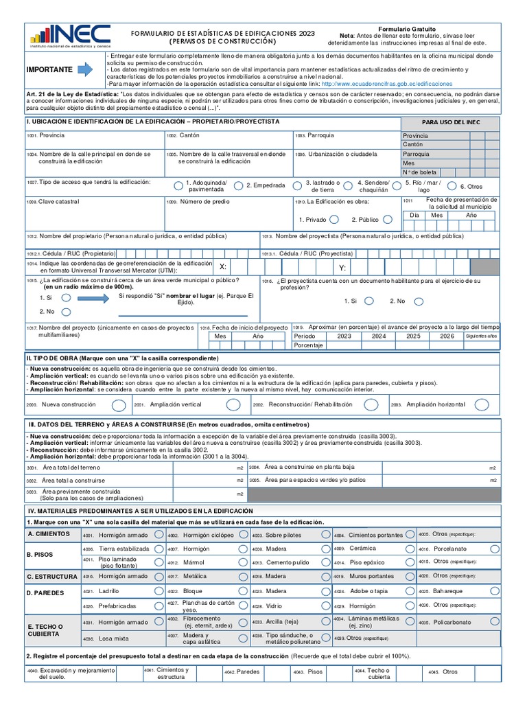 Formulario - Inec 2023 | PDF | Materiales | Materiales de construcción