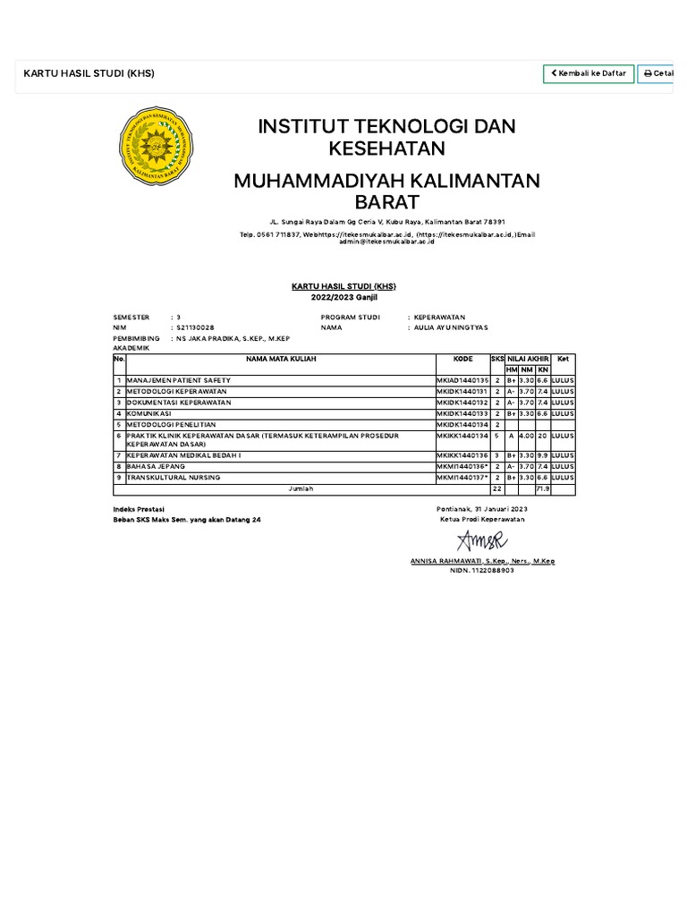 Kartu Hasil Studi (KHS) | PDF