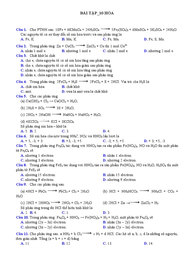 Bài-tập-phản-ứng-OXH-Khử_10-Hóa | PDF