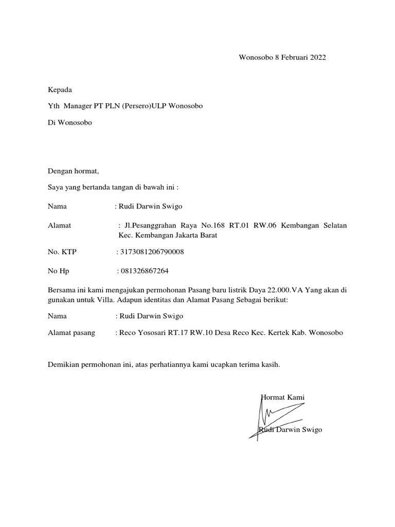 Surat Permohonan Pasang Baru 2 | PDF