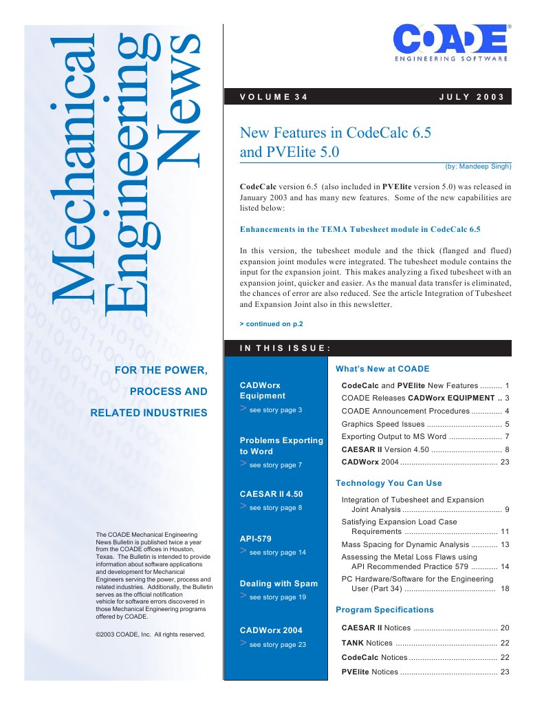 Mechanical Engineering: New Features in Codecalc 6.5 and Pvelite 5.0 ...