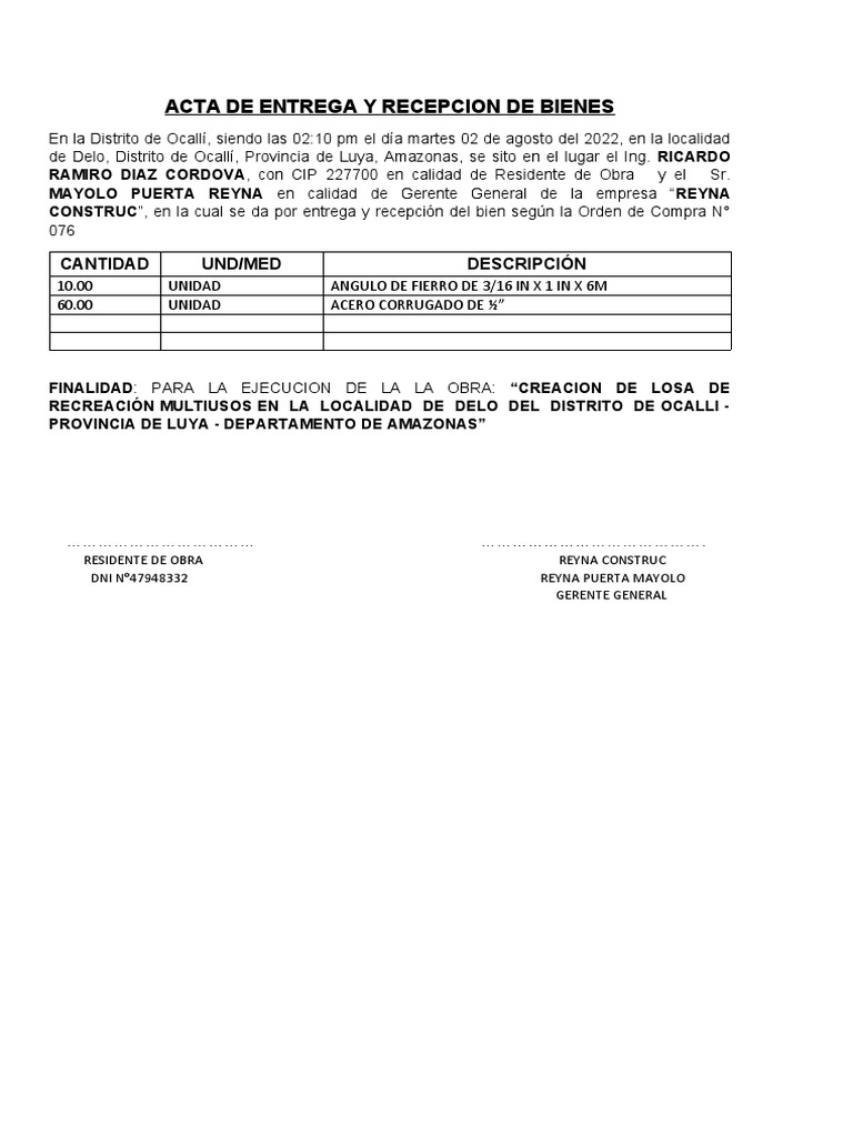ACTA DE ENTREGA Y RECEPCION DE BIENES | PDF