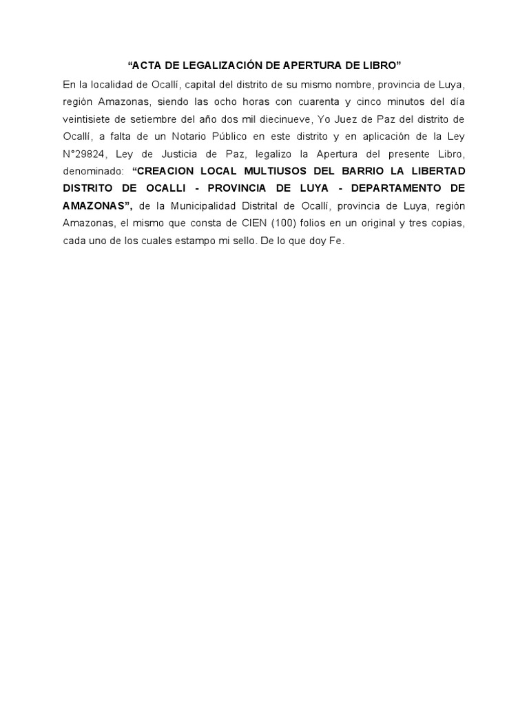 Acta de Legalización de Apertura de Libro | PDF