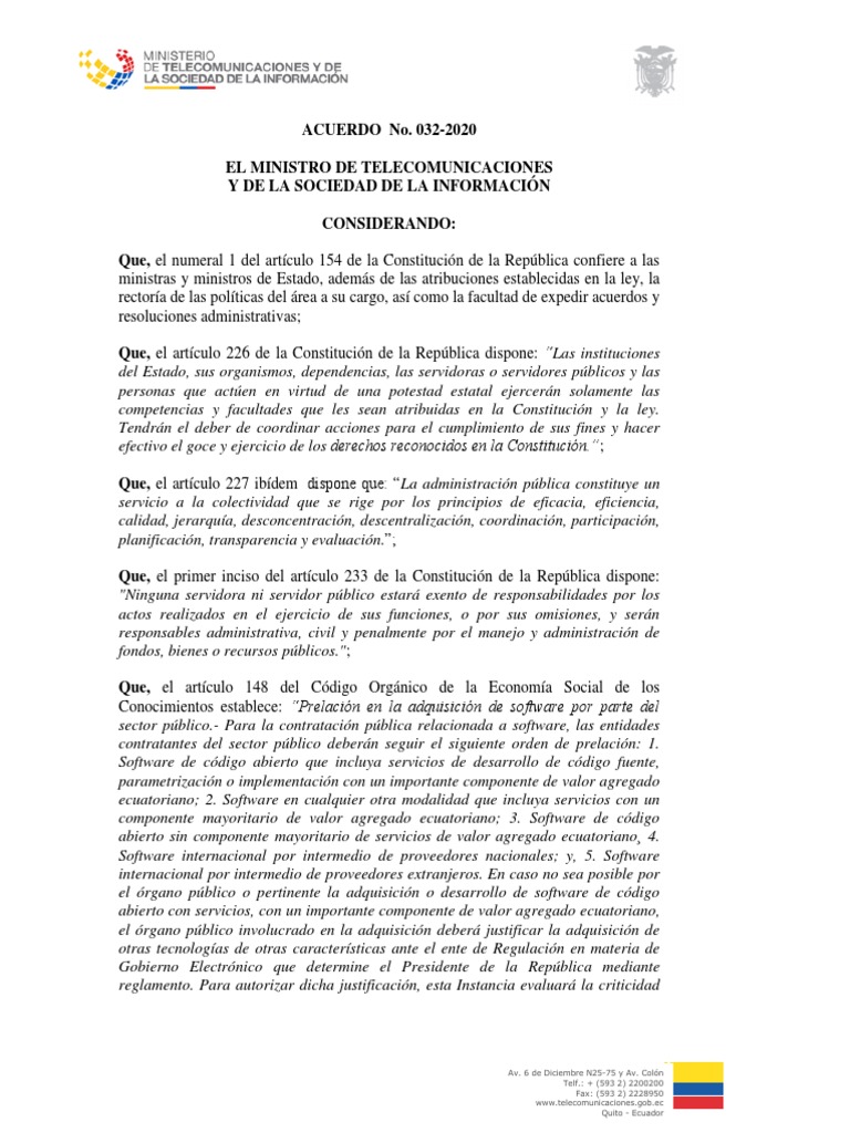 Acuerdo Ministerial No. 032 2020 | PDF | Software | Ecuador