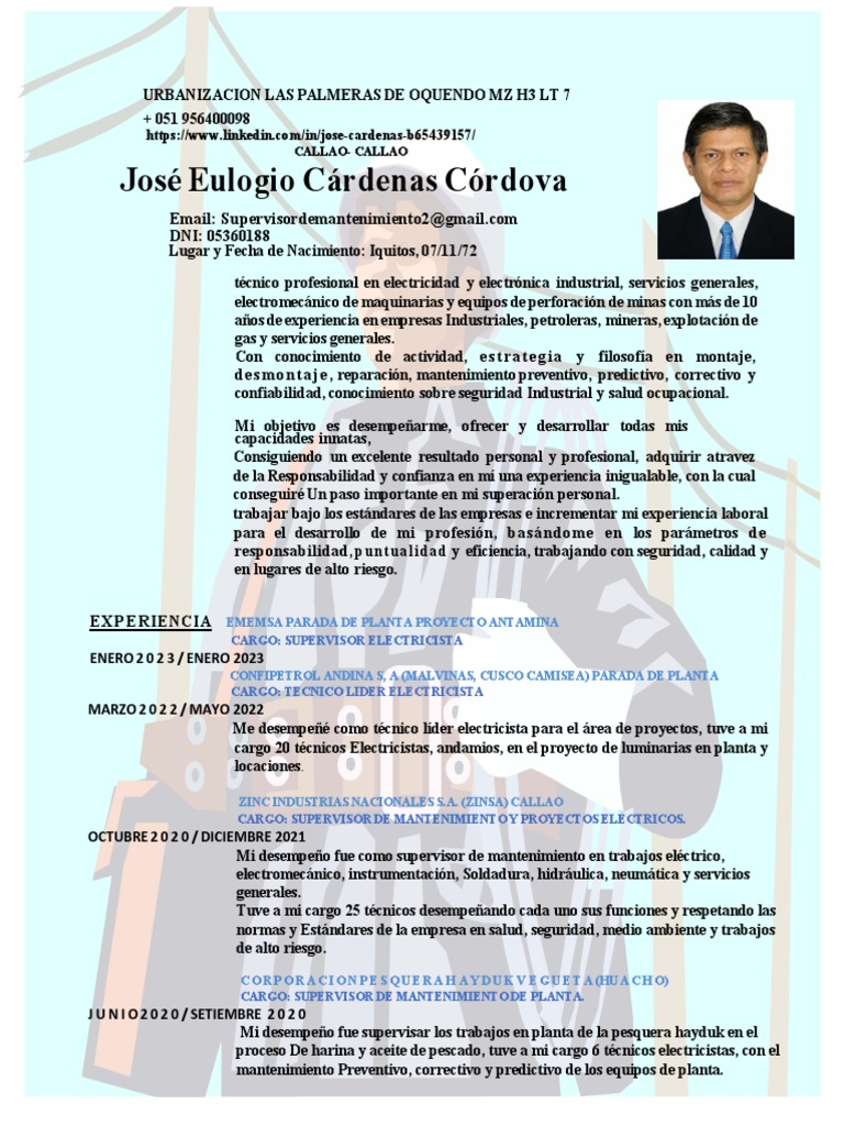 CV Jose Actualizado 2023 | PDF | Transformador | Electricista