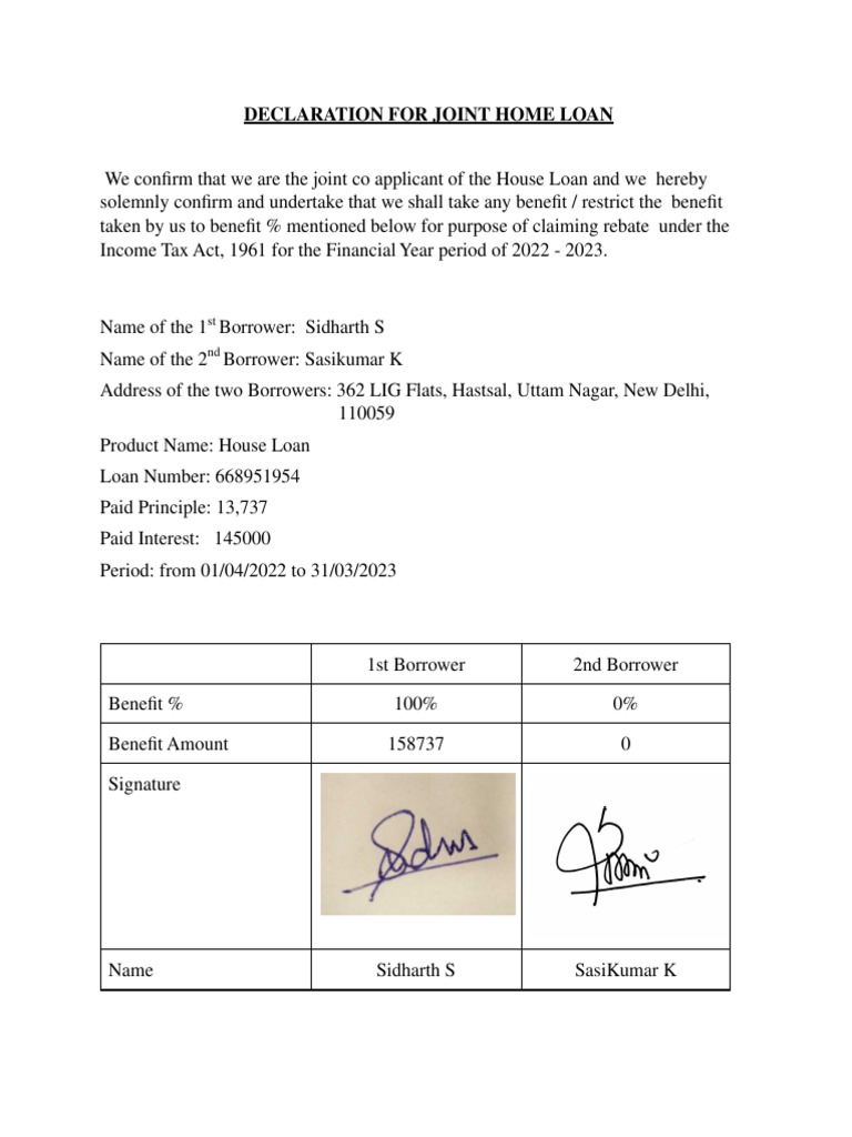 Declaration For Joint House Loan For Income Tax | PDF