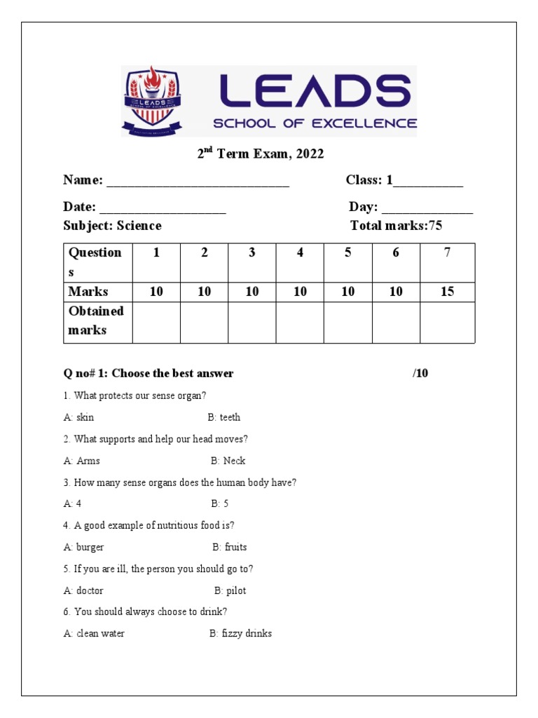 Class 1 Science 2term Paper | PDF | Senses | Hygiene