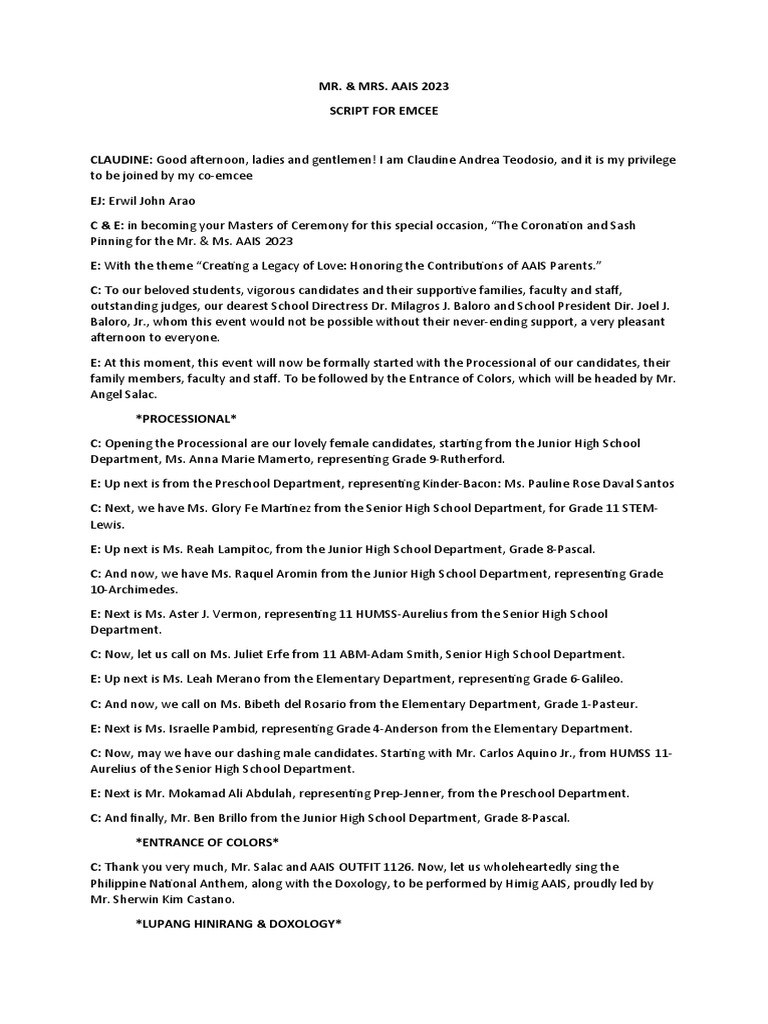 MR Mrs Aais 2023 Emcee Script | PDF