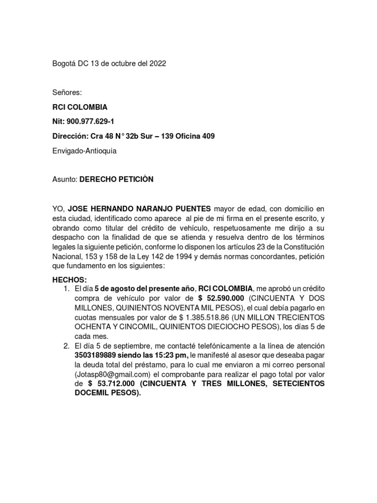 Derecho Peticiòn RCI COLOMBIA | PDF