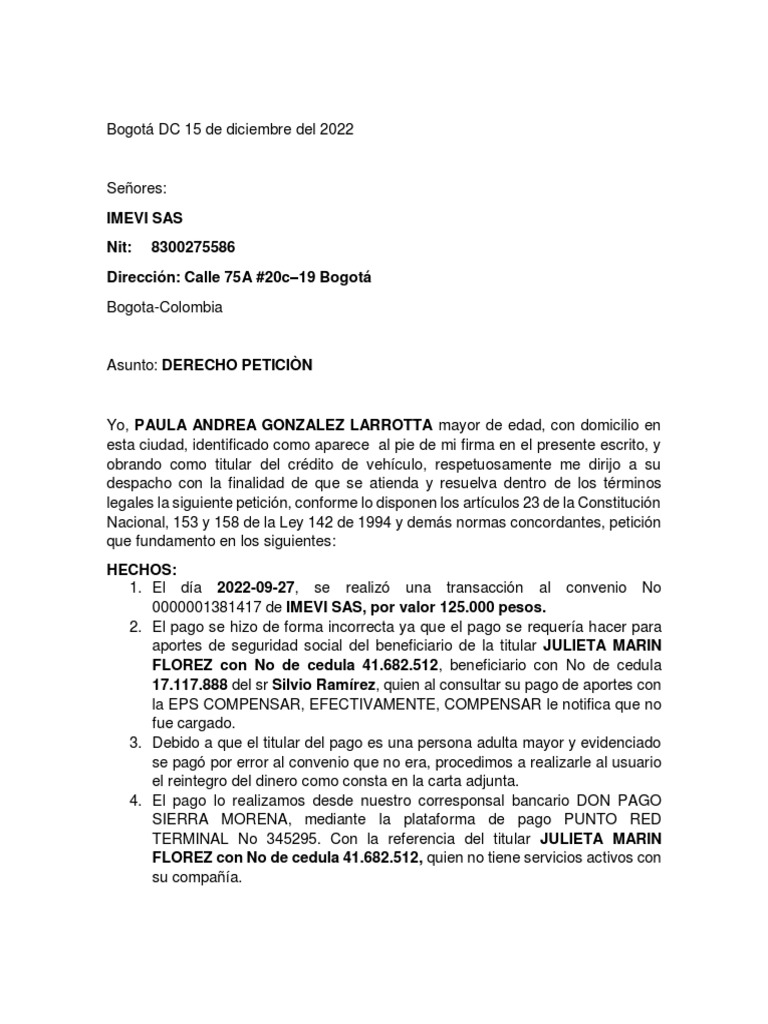Derecho Peticiòn IMEVI SAS | PDF | Derecho