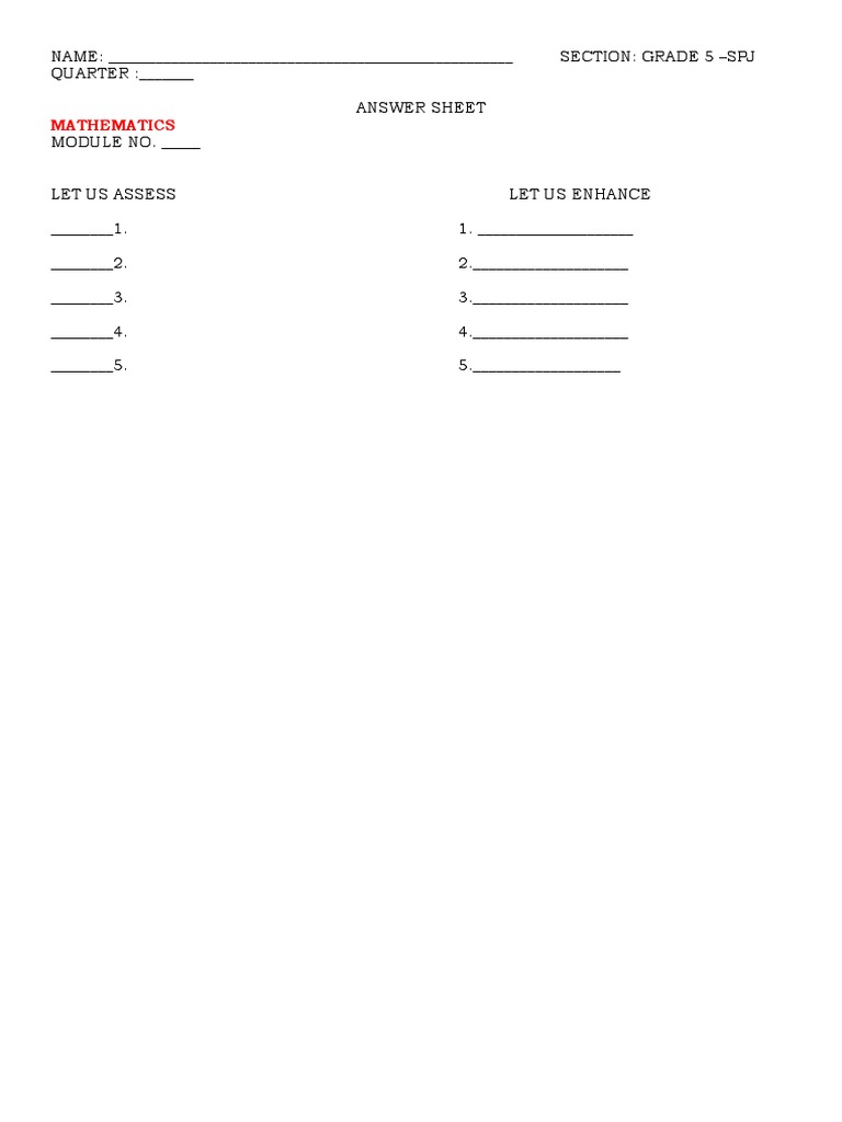 Answer Sheet Module 1 MATH | PDF