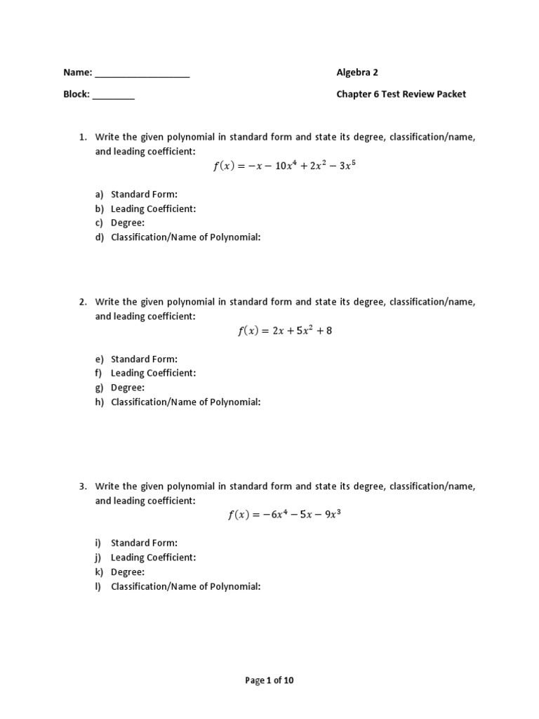 Algebra 2 Chapter 6 Test Review | PDF | Zero Of A Function | Factorization