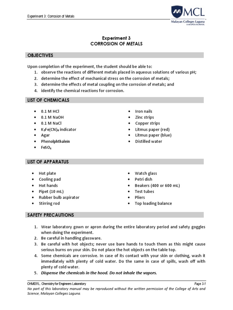 Experiment 3 Corrosion of Metals | PDF | Corrosion | Anode