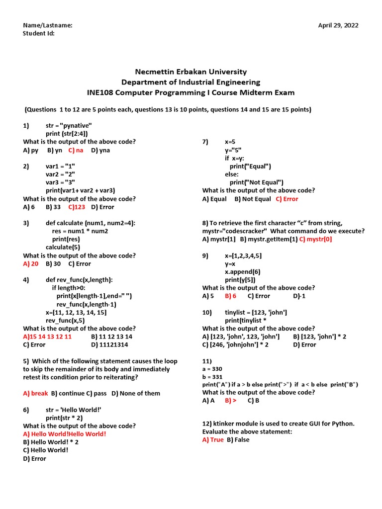 CP II Midterm 2022 Answers | PDF | Control Flow | Computing