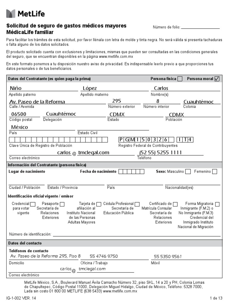 SOLICITUD DE SEGURO METLIFE IG-1-002 VER14 (Pre-Llenado) | PDF | Seguro ...