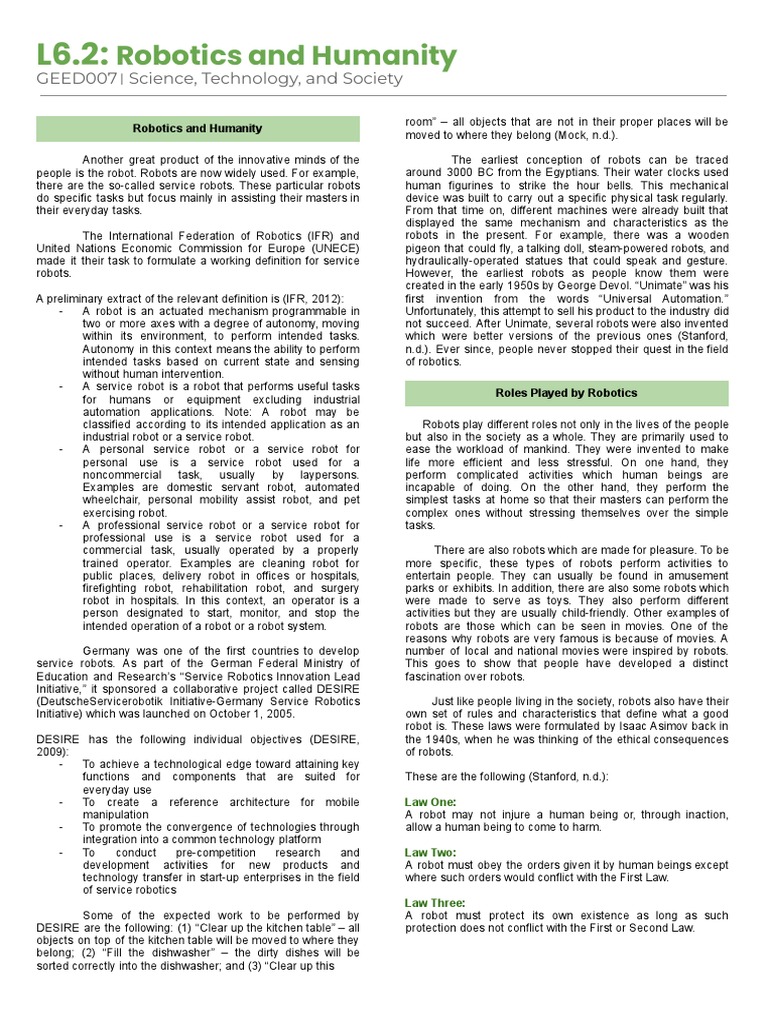 Robotics and Humanity: Roles, Dilemmas, and the Future | PDF | Robot ...