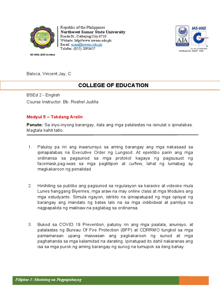 Filipino 3 - Modyul 5 Takdang Aralin | PDF
