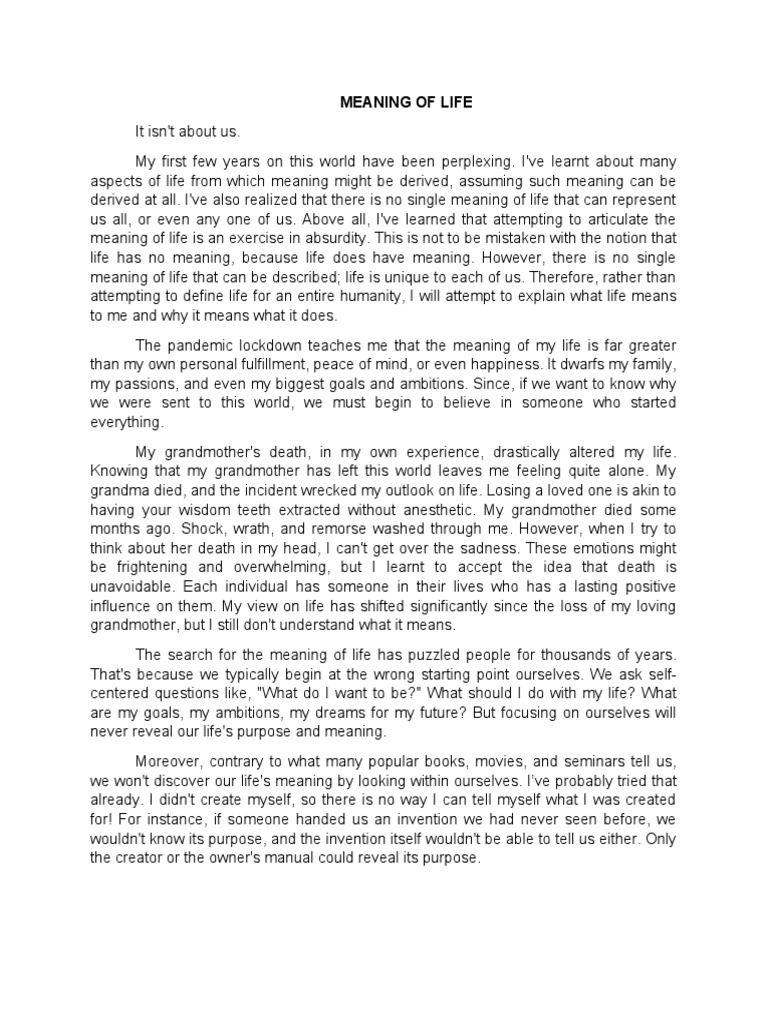 MEANING OF LIFE - Lim, Brylle Nino | PDF | Meaning Of Life | Psychology