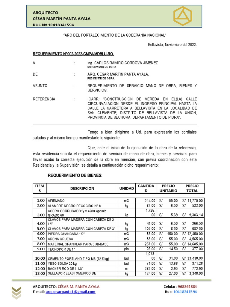 Requerimiento #02 Servicio Mo Bienes y Servicios | PDF | Materiales | Ingeniería de Edificación