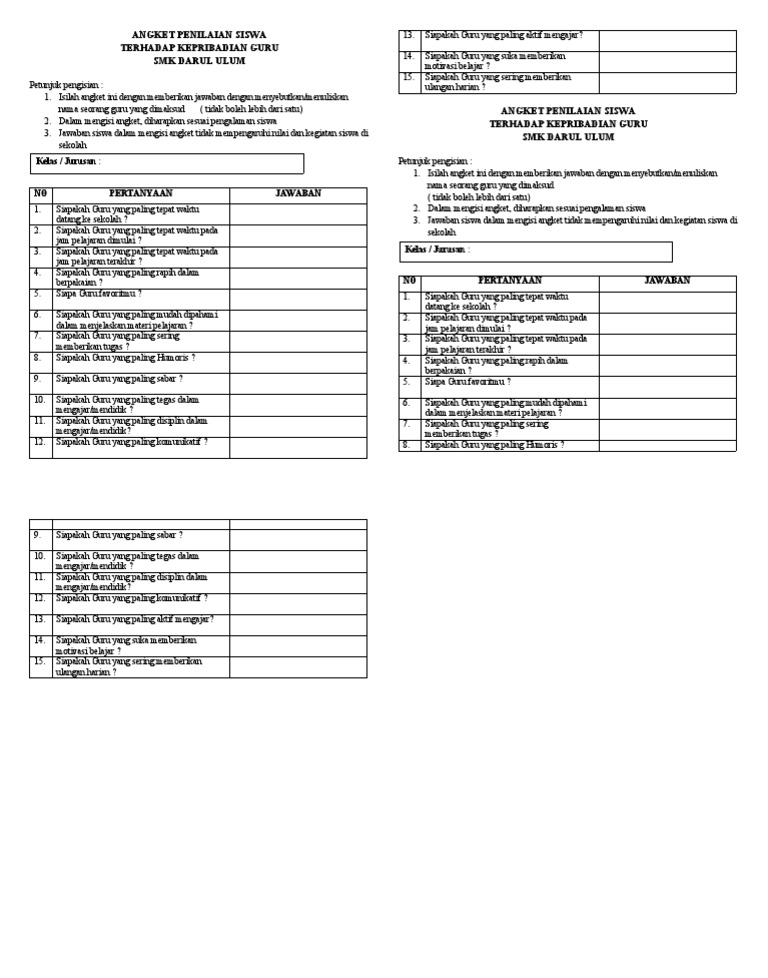 Angket Penilaian Siswa Terhadap Guru | PDF Angket Penilaian Siswa Terhadap Guru | PDF