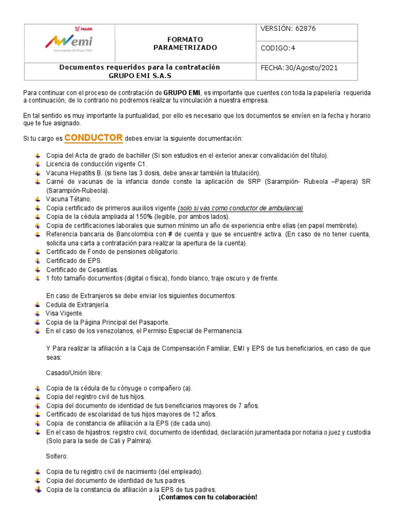 Documentos Requeridos para La Contratación - Version 4 Gems-Conductor ...