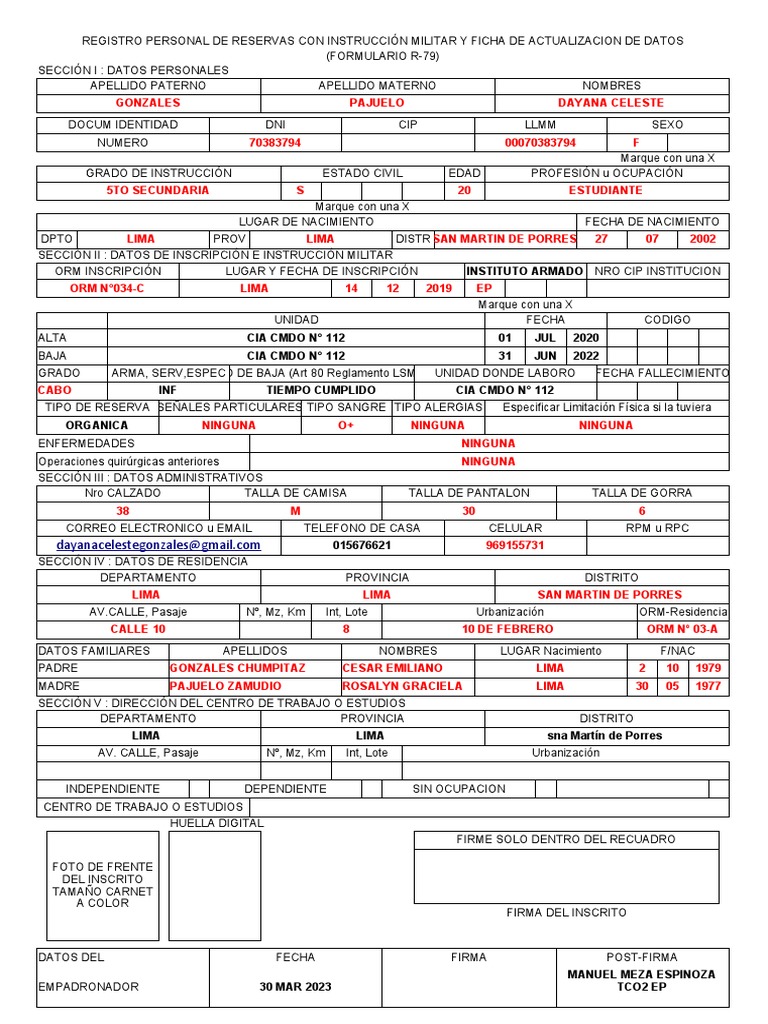 Registro personal de reservas con instrucción militar y ficha de actualización de datos | PDF ...