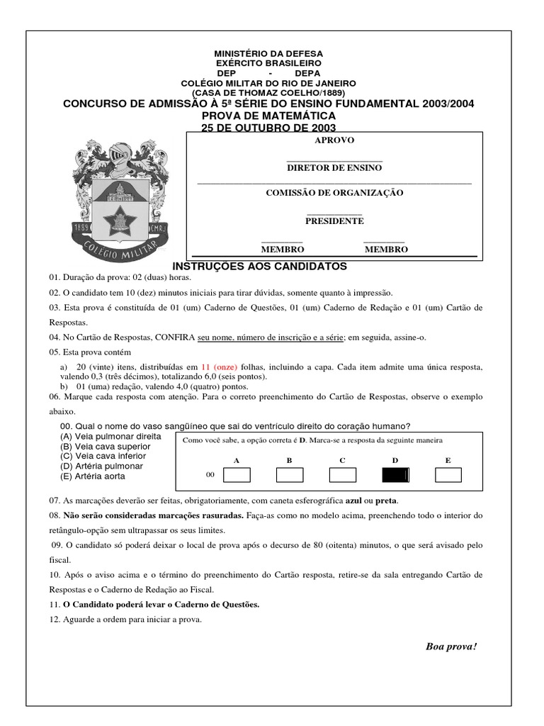 Concurso de Admissão Ao 6o Ano EF Do CMRJ 2003 / 2004 | PDF | Veia ...