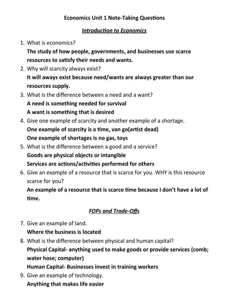 Econ. The Fundamentals of Scarcity Note Questions | PDF | Resource ...