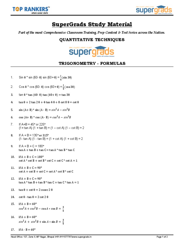 Super Grads Qt Trigonometry Formulas Copy 0262d8ea8417f Pdf Geometric Measurement