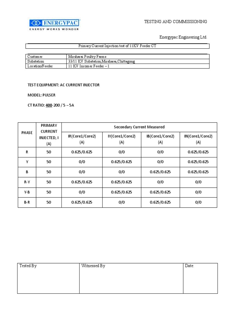 Primary Injection CT 11 KV Incomer 1 | PDF