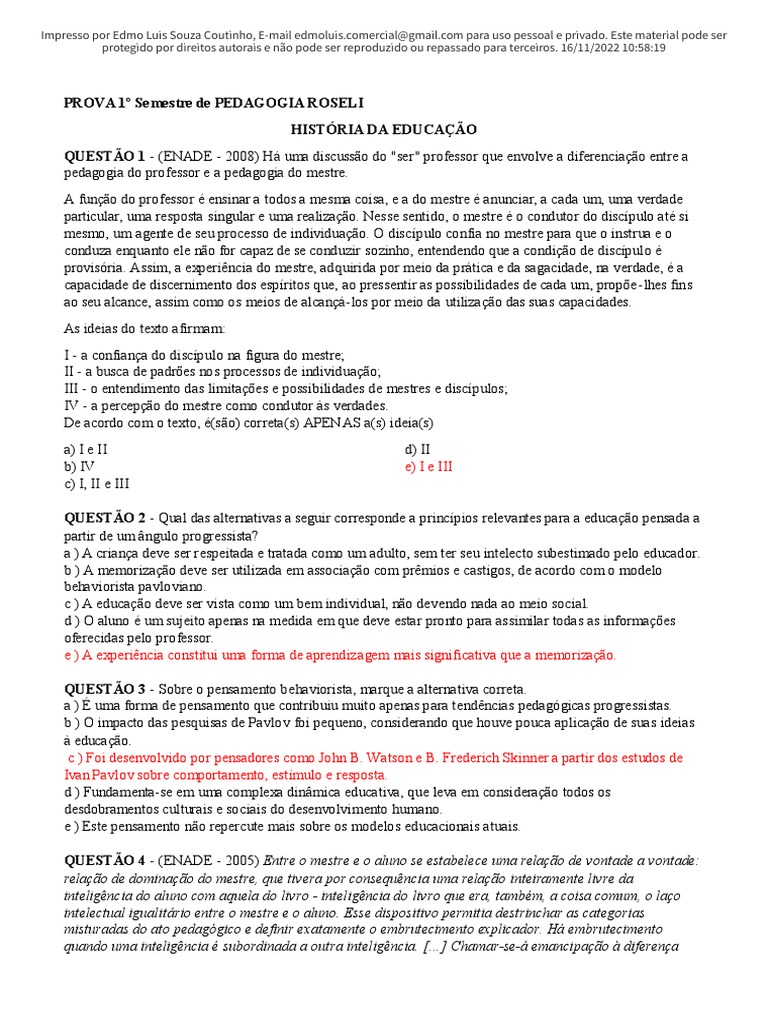 PROVA 1º Semestre de PEDAGOGIA - Unifacvest - Passei Direto | PDF | Pedagogia | Pensamento
