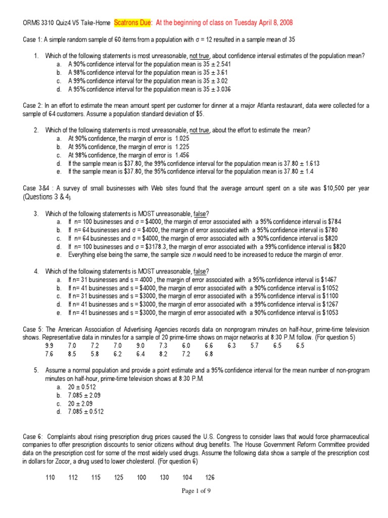 Confidence Interval Quiz for Statistics | PDF | Type I And Type Ii ...